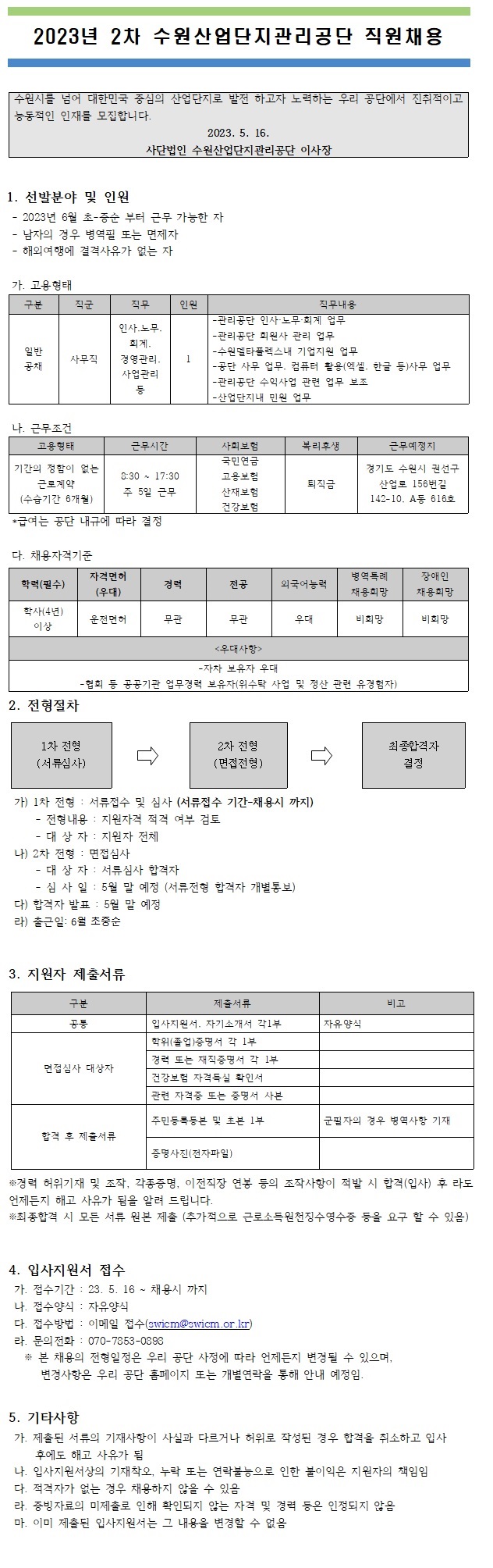 수원산업단지관리공단 공지사항 23년 2차 수원산업단지관리공단 직원채용 공고 마감